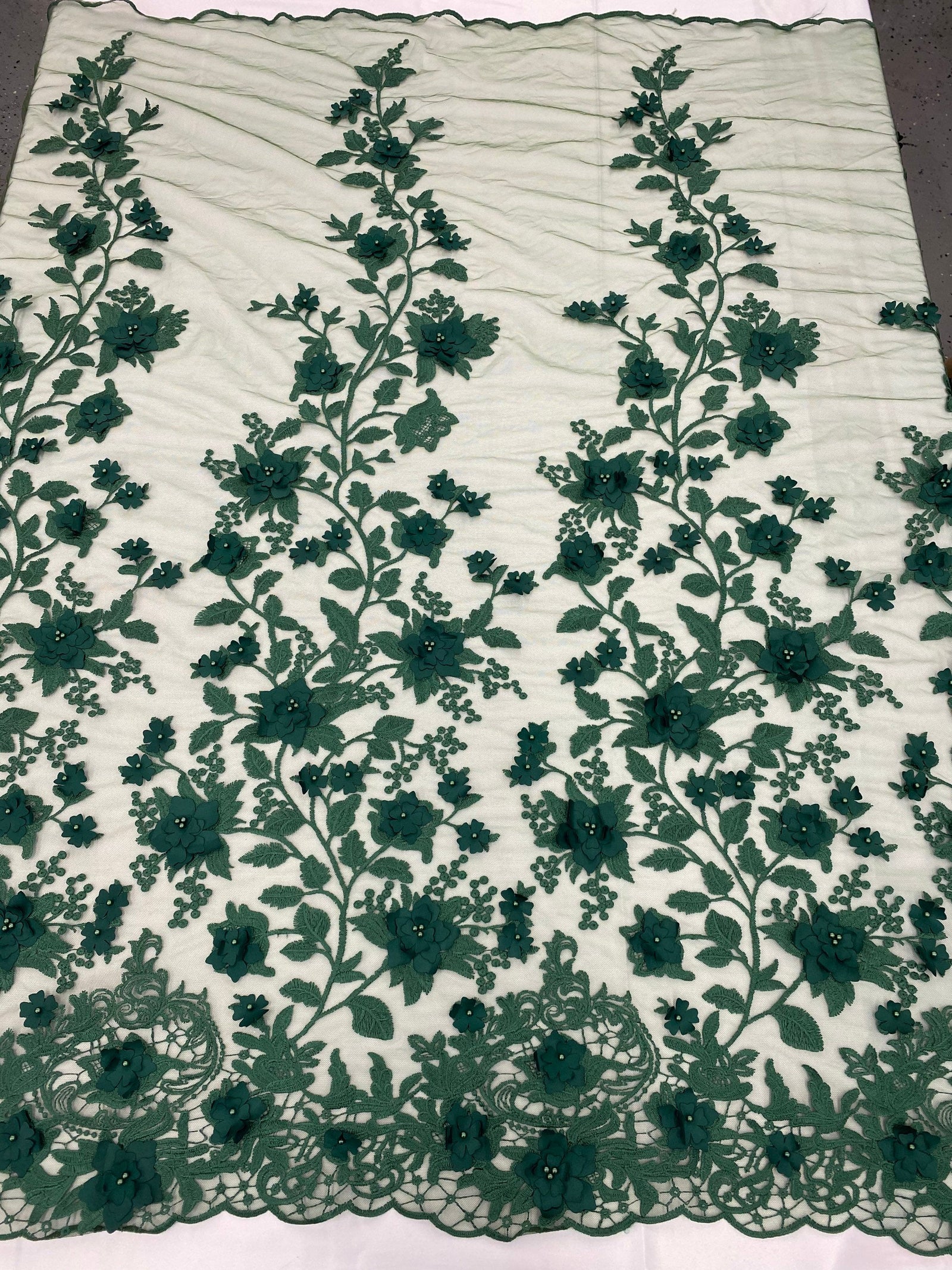 Hunter Green Two Tone 3D Floral Design Embroider and Beaded With Pearl