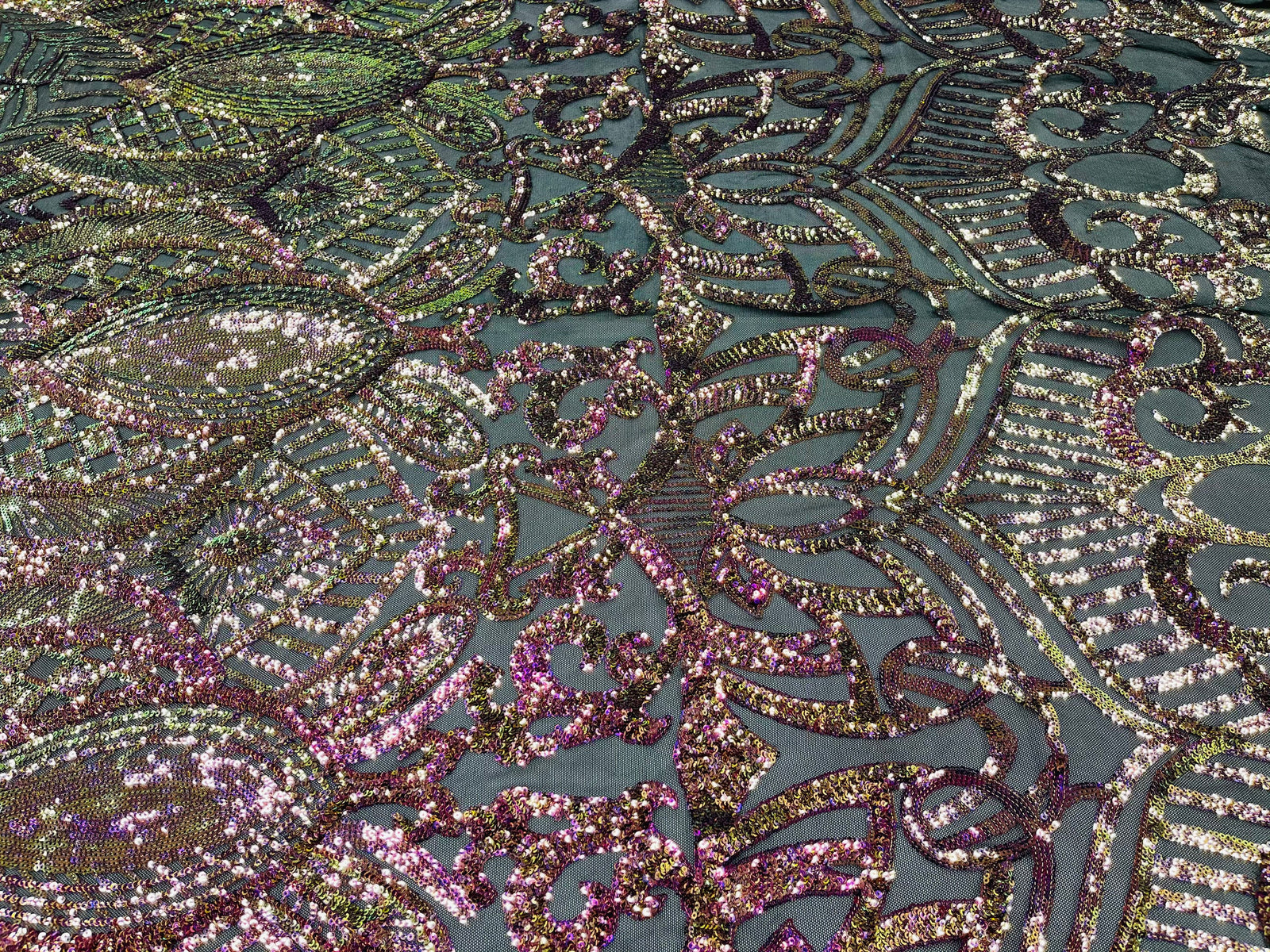 New Iridescent Purple on Black Mesh, Royalty Design on Mesh 4way Stret