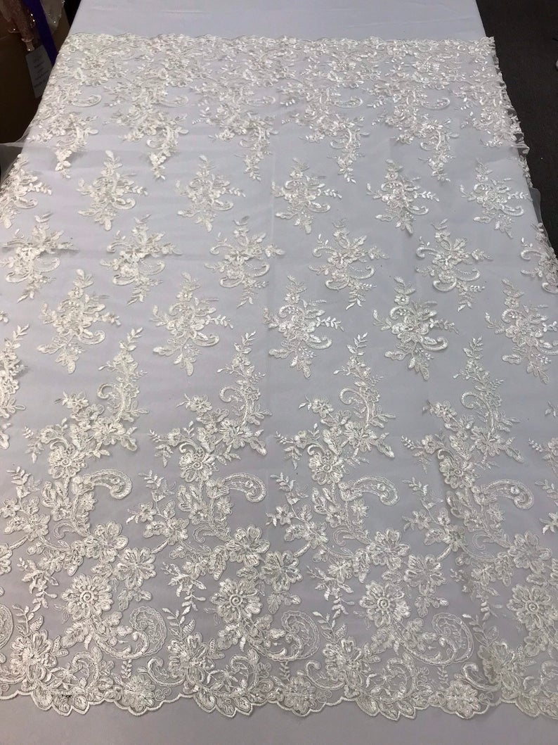 Ivory Flower Lace Fabric - Floral Clusters Embroidered With sequins on