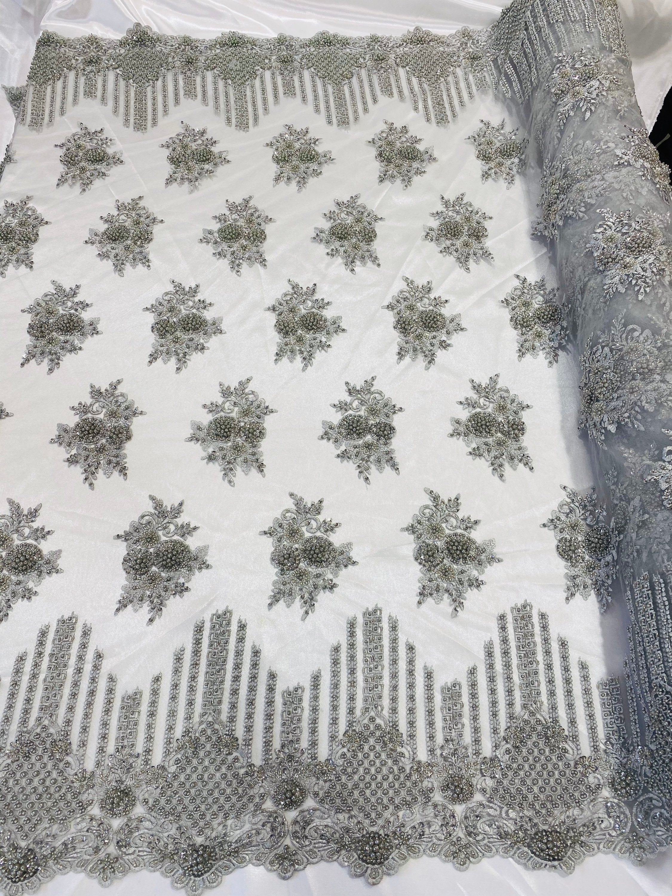 Silver Beaded Fabric, Hand Embroidered Lace Bridal Floral On a Mesh Dr