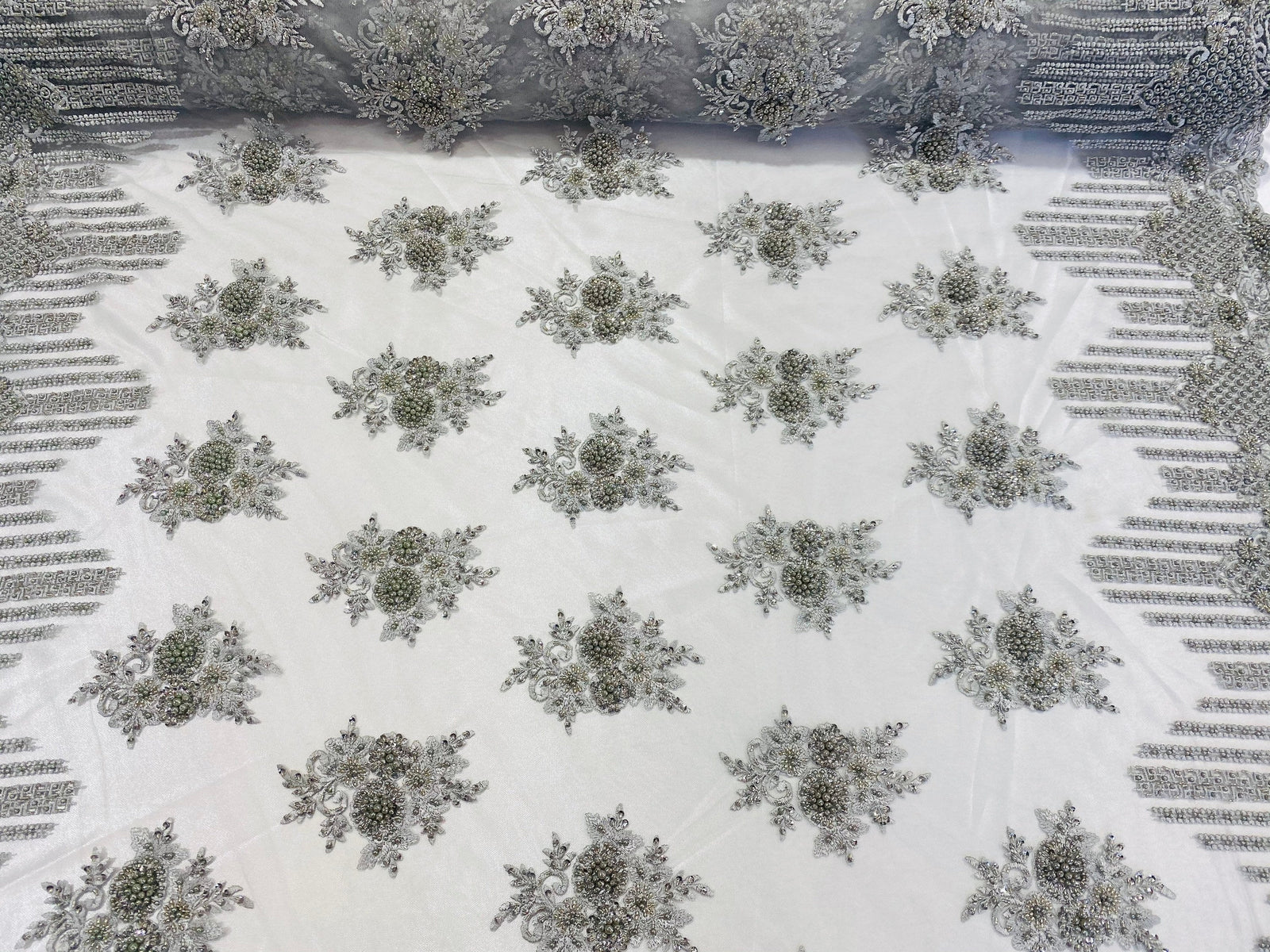 Silver Beaded Fabric, Hand Embroidered Lace Bridal Floral On a Mesh Dr