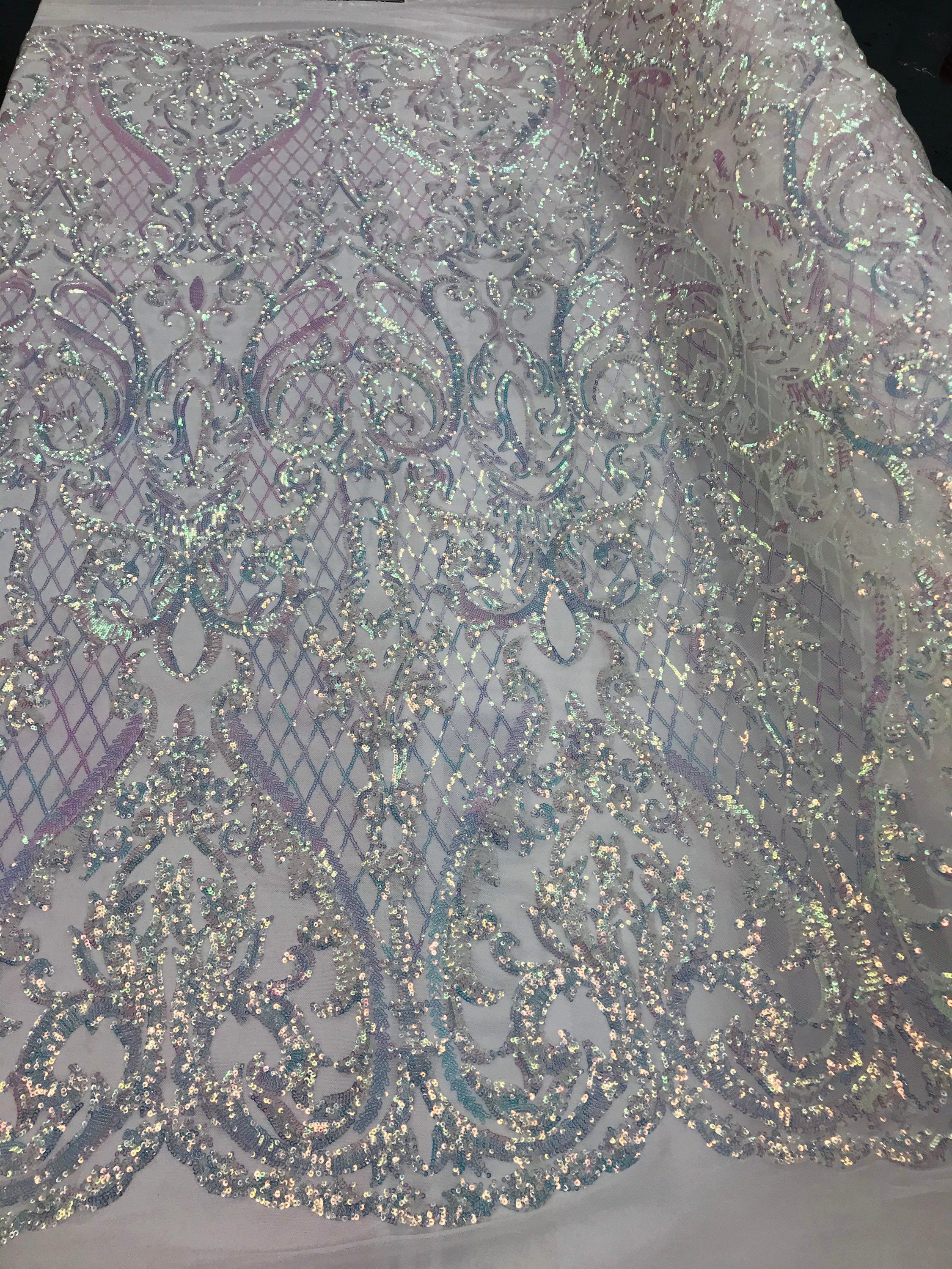 Iridescent Clear Sequin Fabrics, Damask Design 4Way Stretch Embroidery