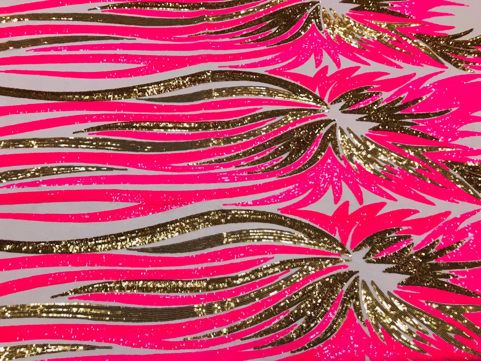 Angel Wings Sequins Fabric - Hot Pink / Gold - 4 Way Stretch Feather W