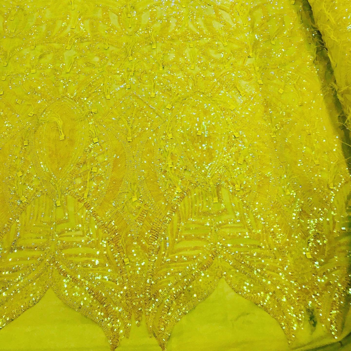 Luxury Feather Sequins - Iridescent Yellow- 4 Way Stretch Glamorous Fr