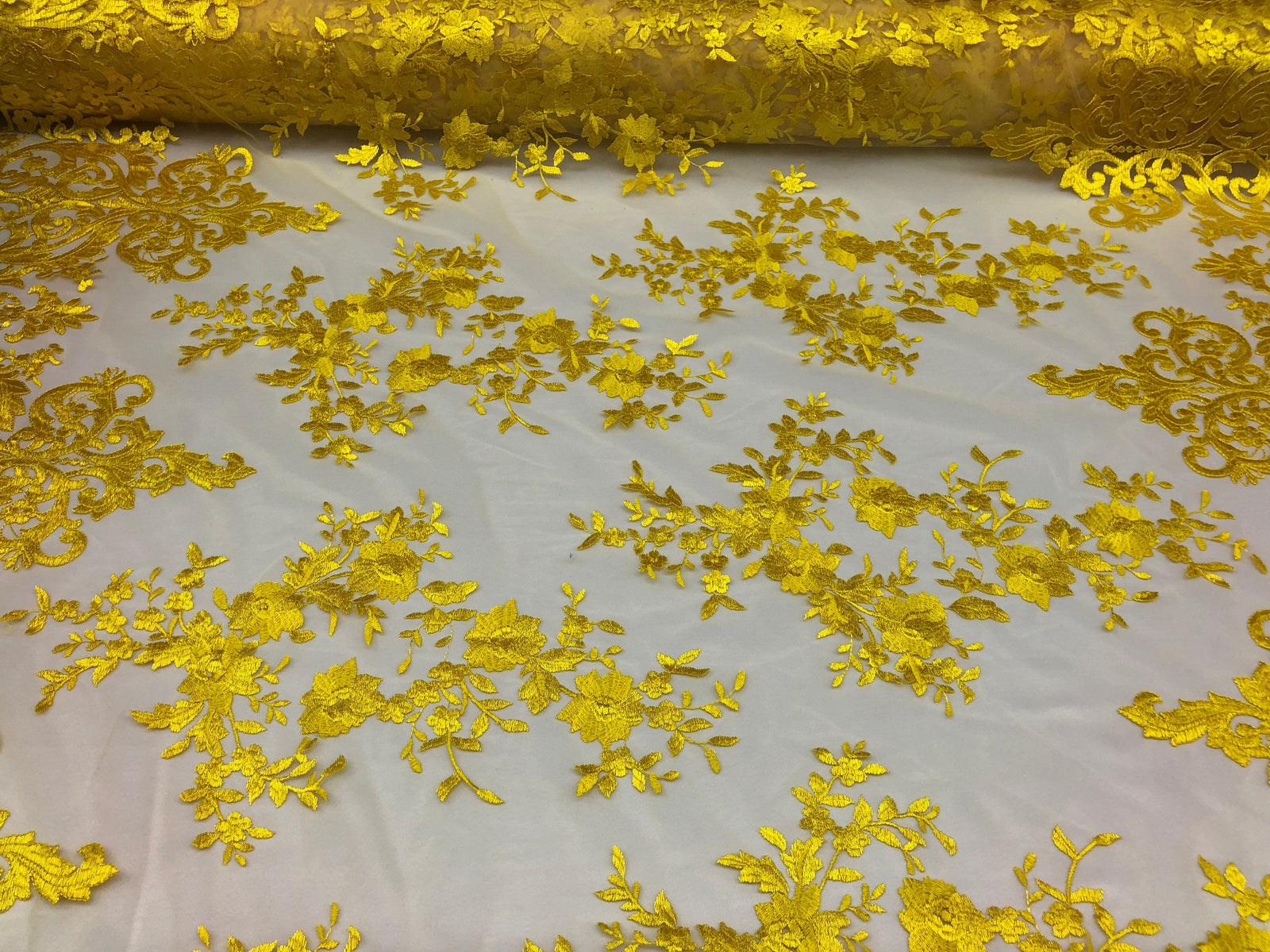 Yellow Damask Design Embroidered on Mesh Lace Fabric, Floral Bridal La
