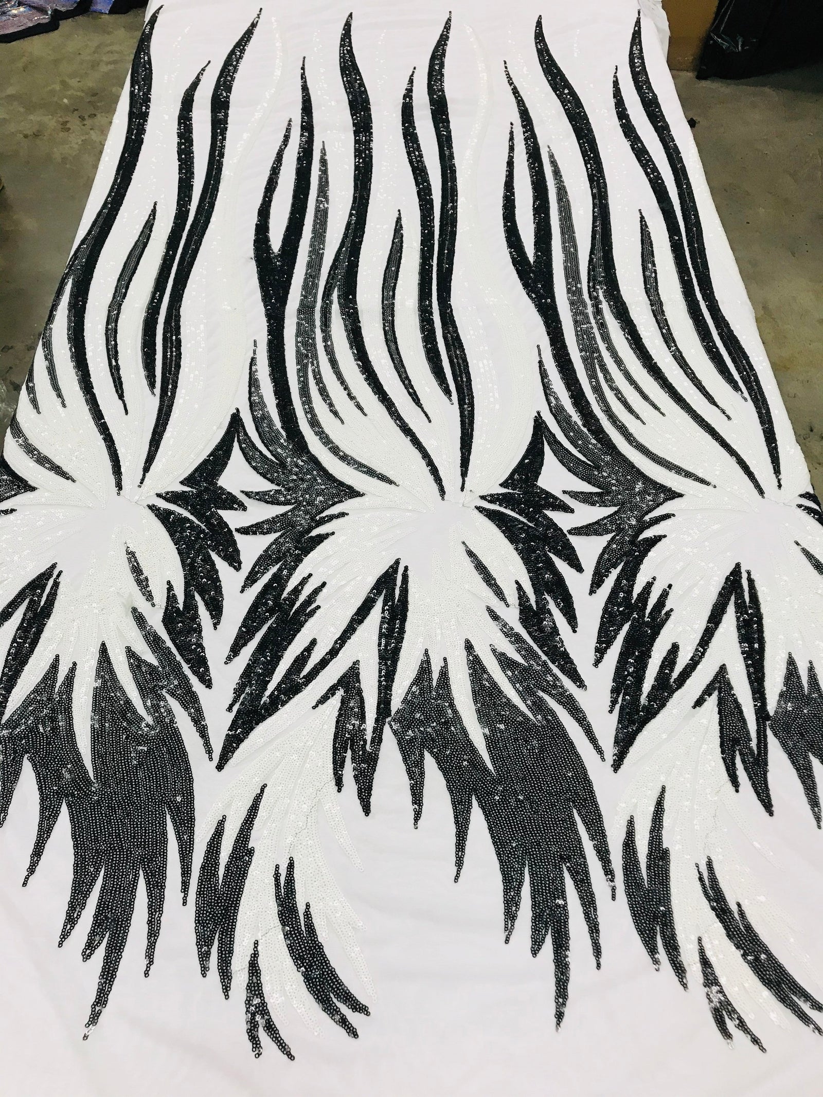 Angel Wings Sequins Fabric - White / Black - 4 Way Stretch Feather Win