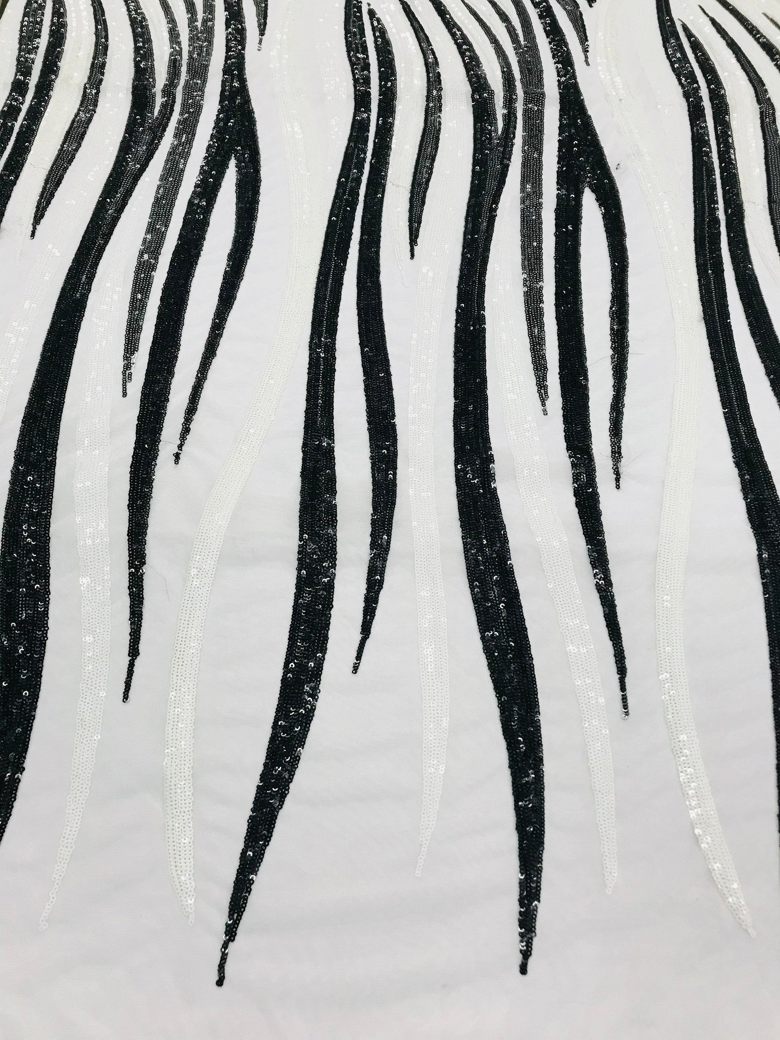 Angel Wings Sequins Fabric - White / Black - 4 Way Stretch Feather Win