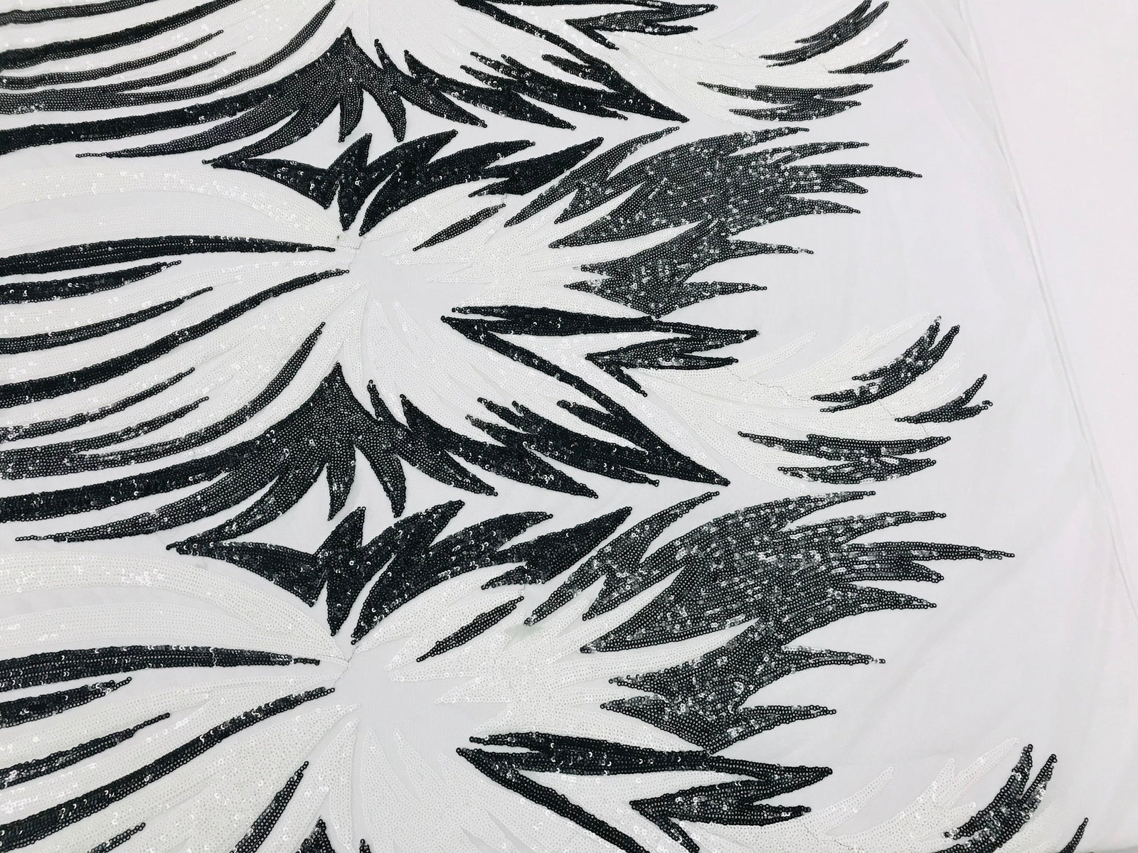 Angel Wings Sequins Fabric - White / Black - 4 Way Stretch Feather Win