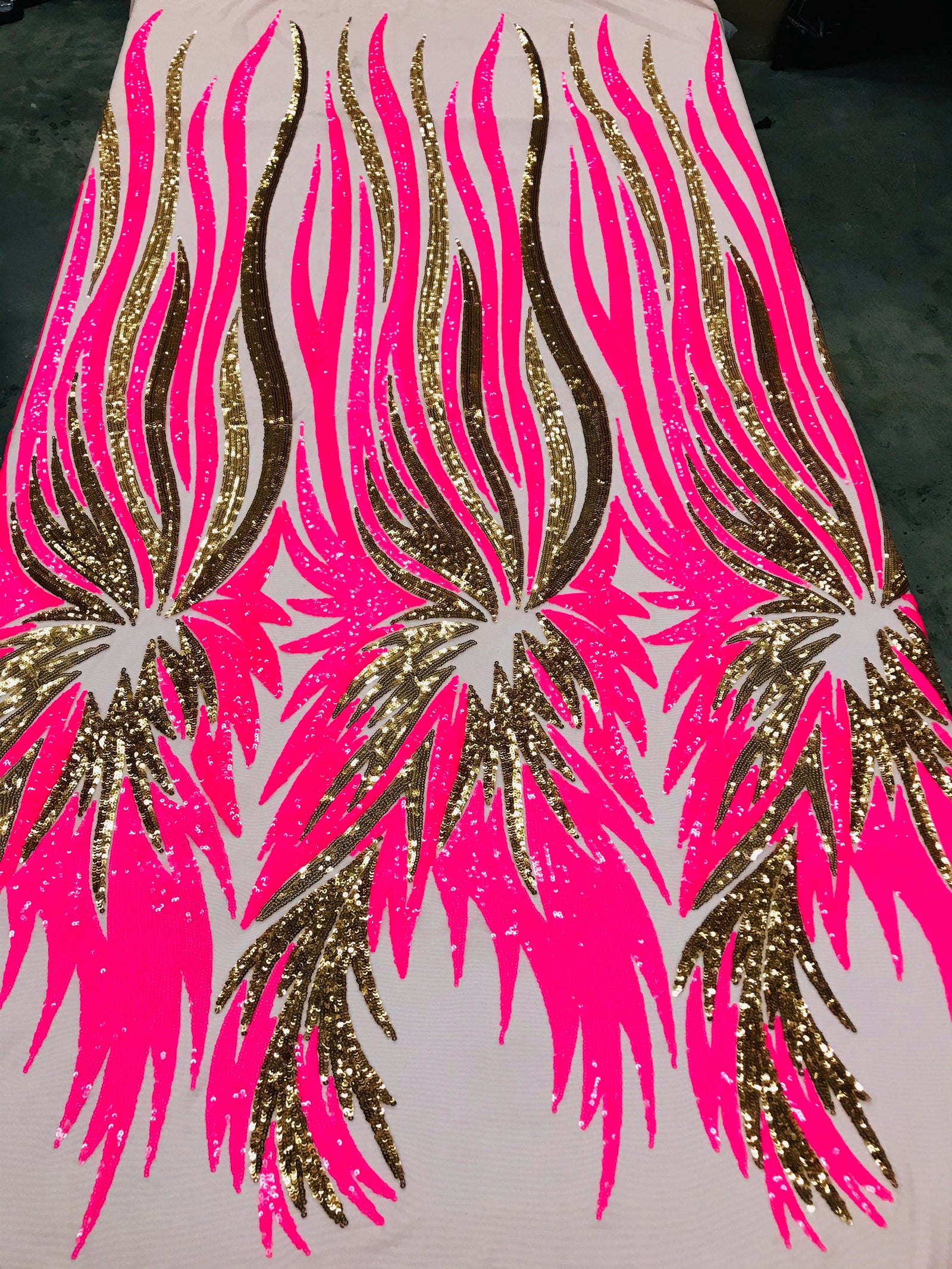 Angel Wings Sequins Fabric - Hot Pink / Gold - 4 Way Stretch Feather W
