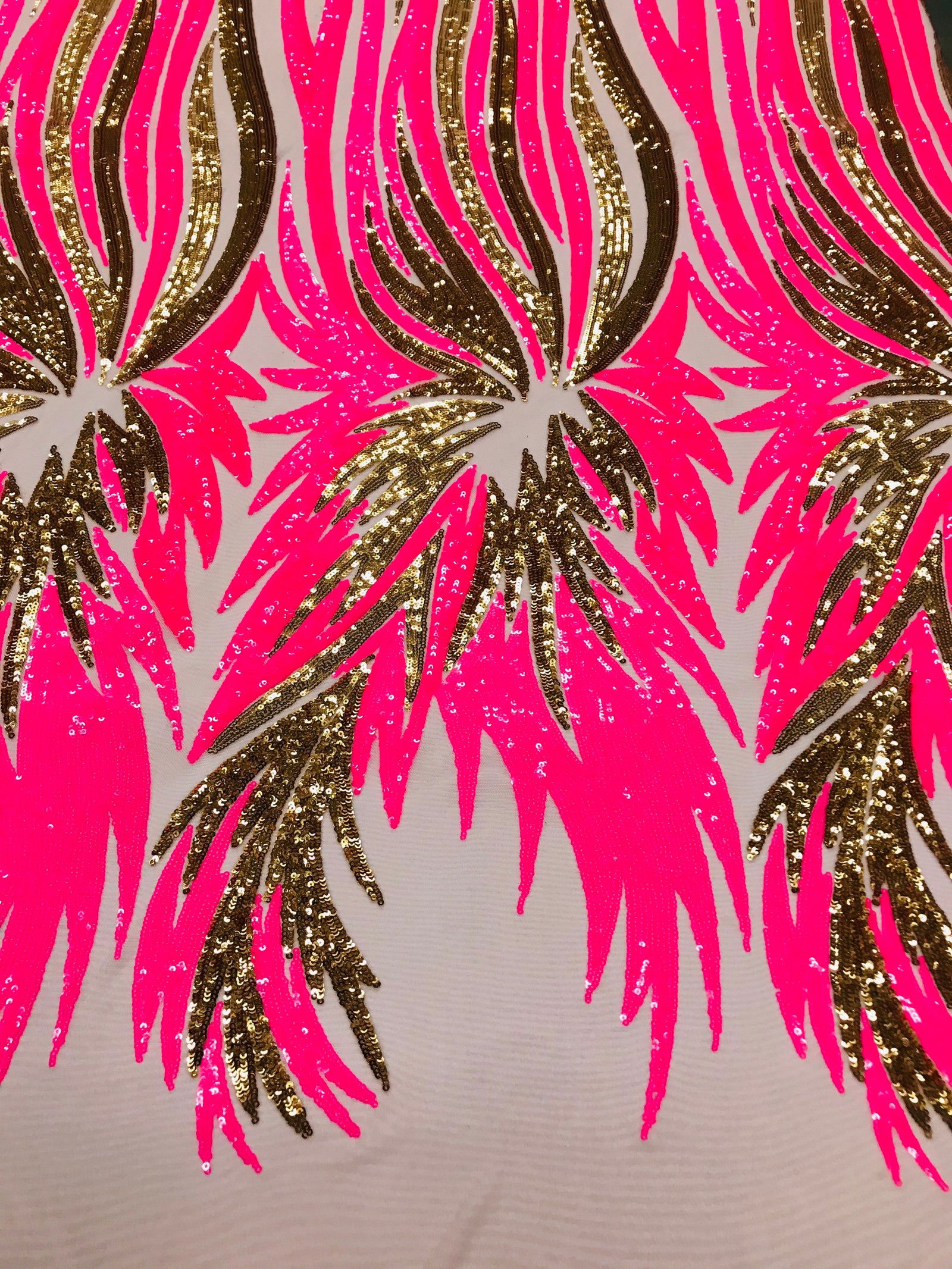 Angel Wings Sequins Fabric - Hot Pink / Gold - 4 Way Stretch Feather W