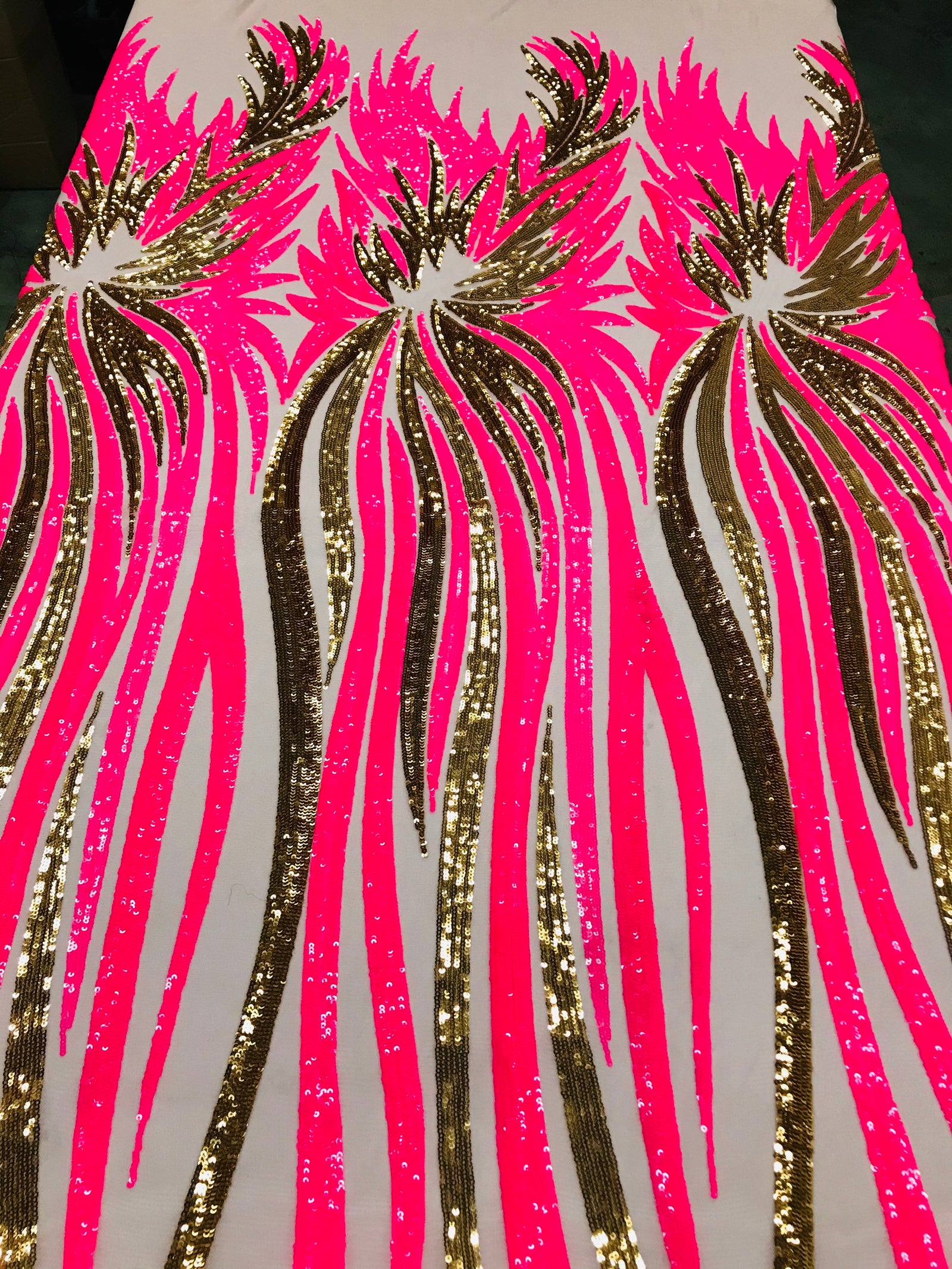 Angel Wings Sequins Fabric - Hot Pink / Gold - 4 Way Stretch Feather W
