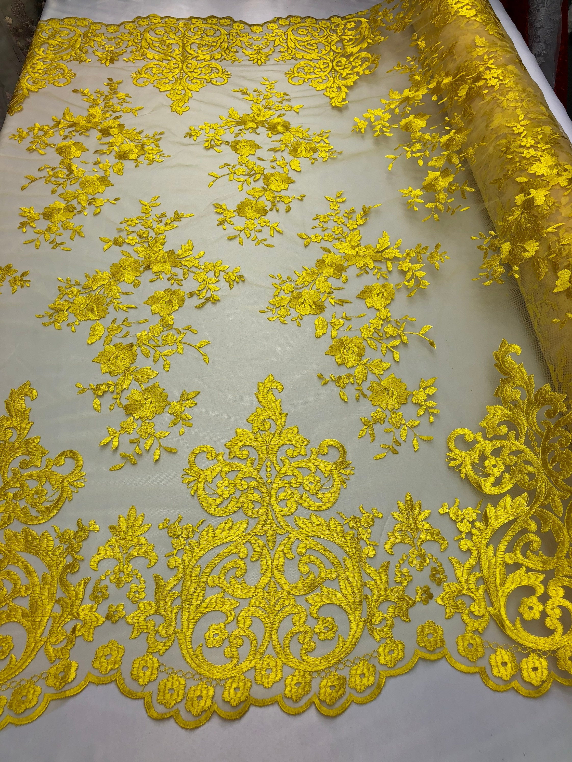 Yellow Damask Design Embroidered on Mesh Lace Fabric, Floral Bridal La