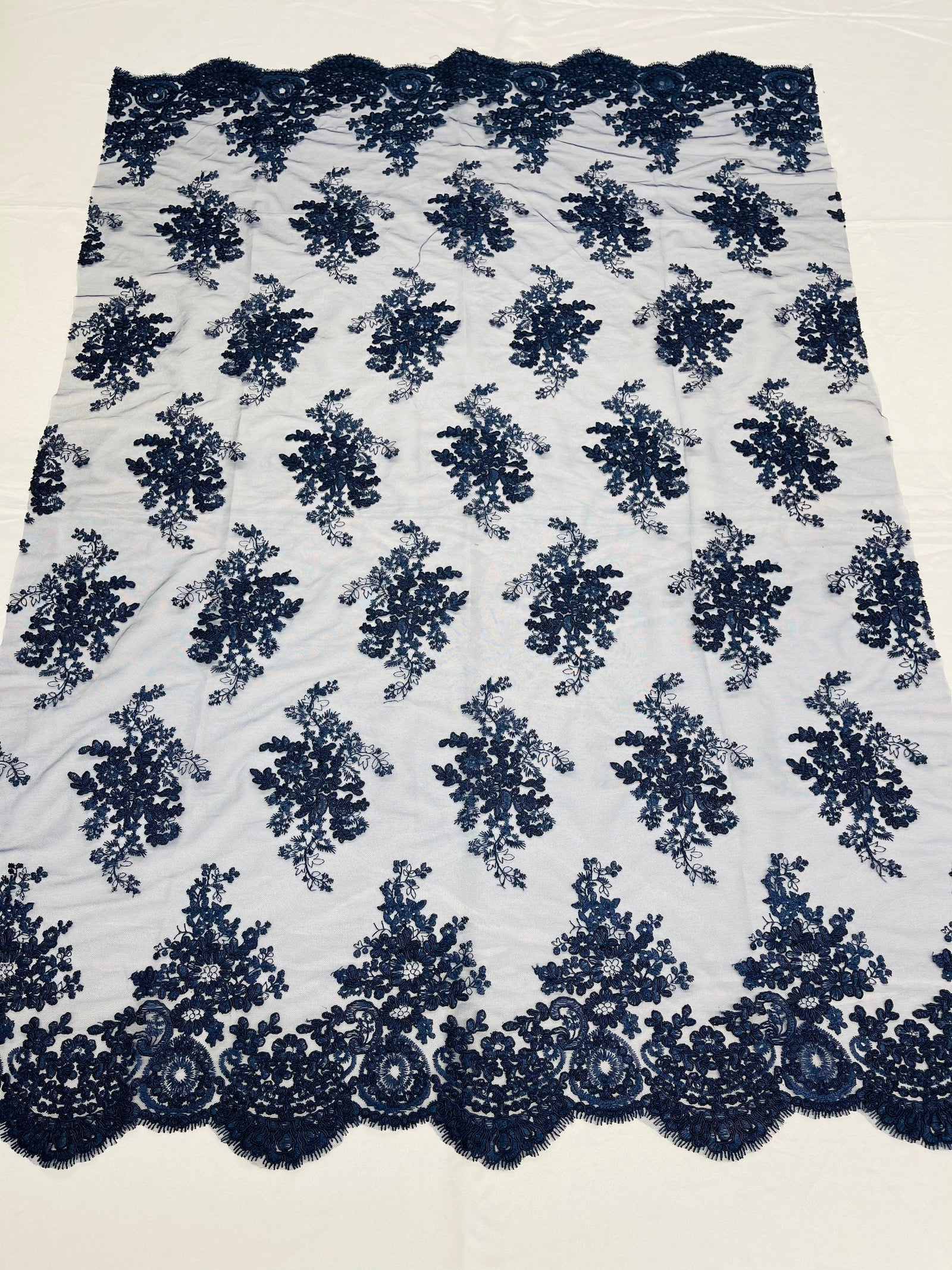 Navy Floral Lace Fabric, Embroidery on a Mesh Lace Fabric By The Yard