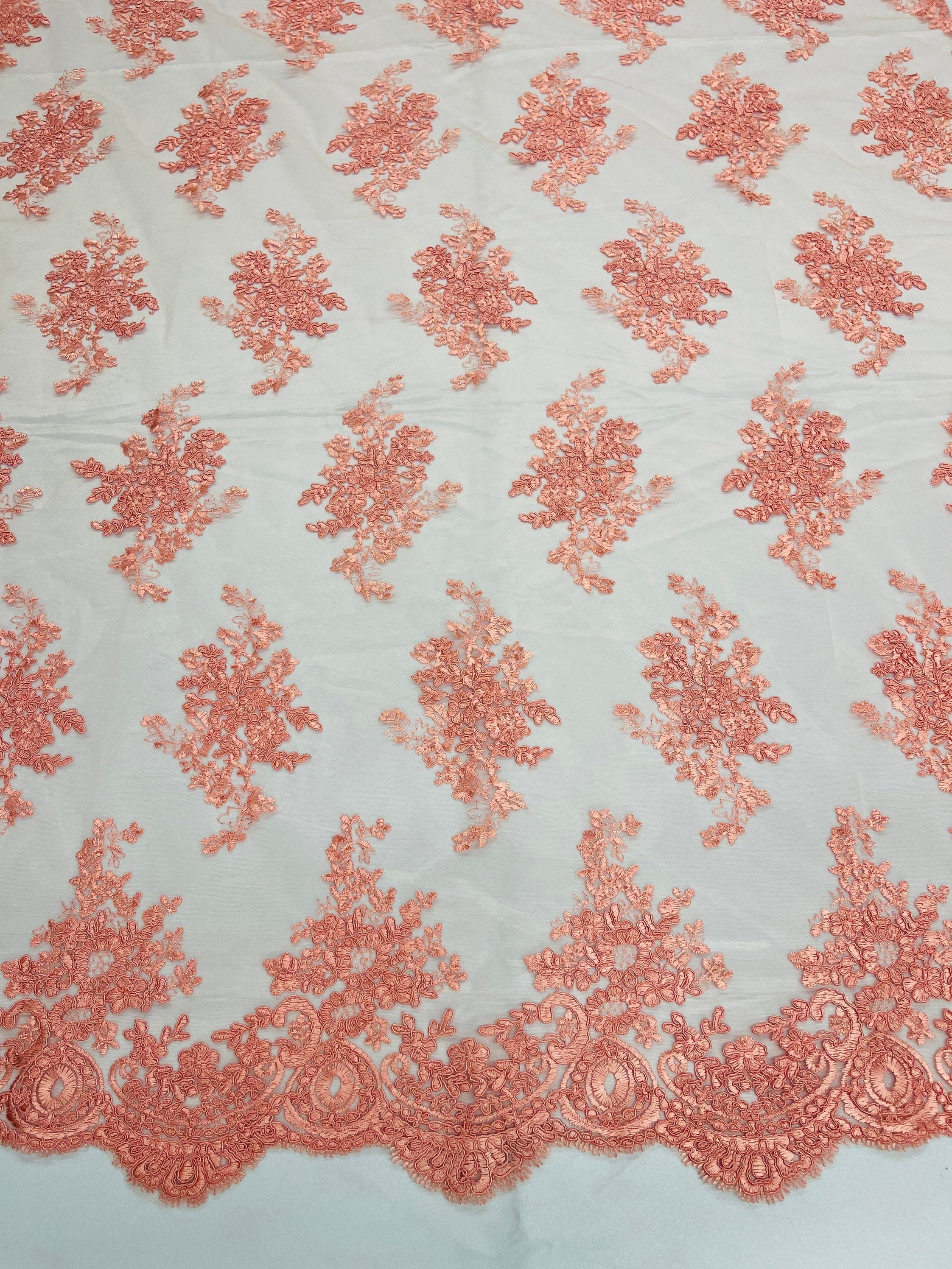 Coral Floral Lace Fabric, Embroidery on a Mesh Lace Fabric By The Yard