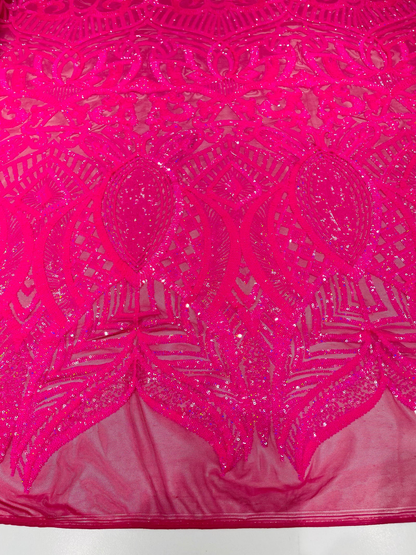 Hot Pink Sequin Fabric On a Mesh 4 Way Stretch Royalty Lace Sequin By