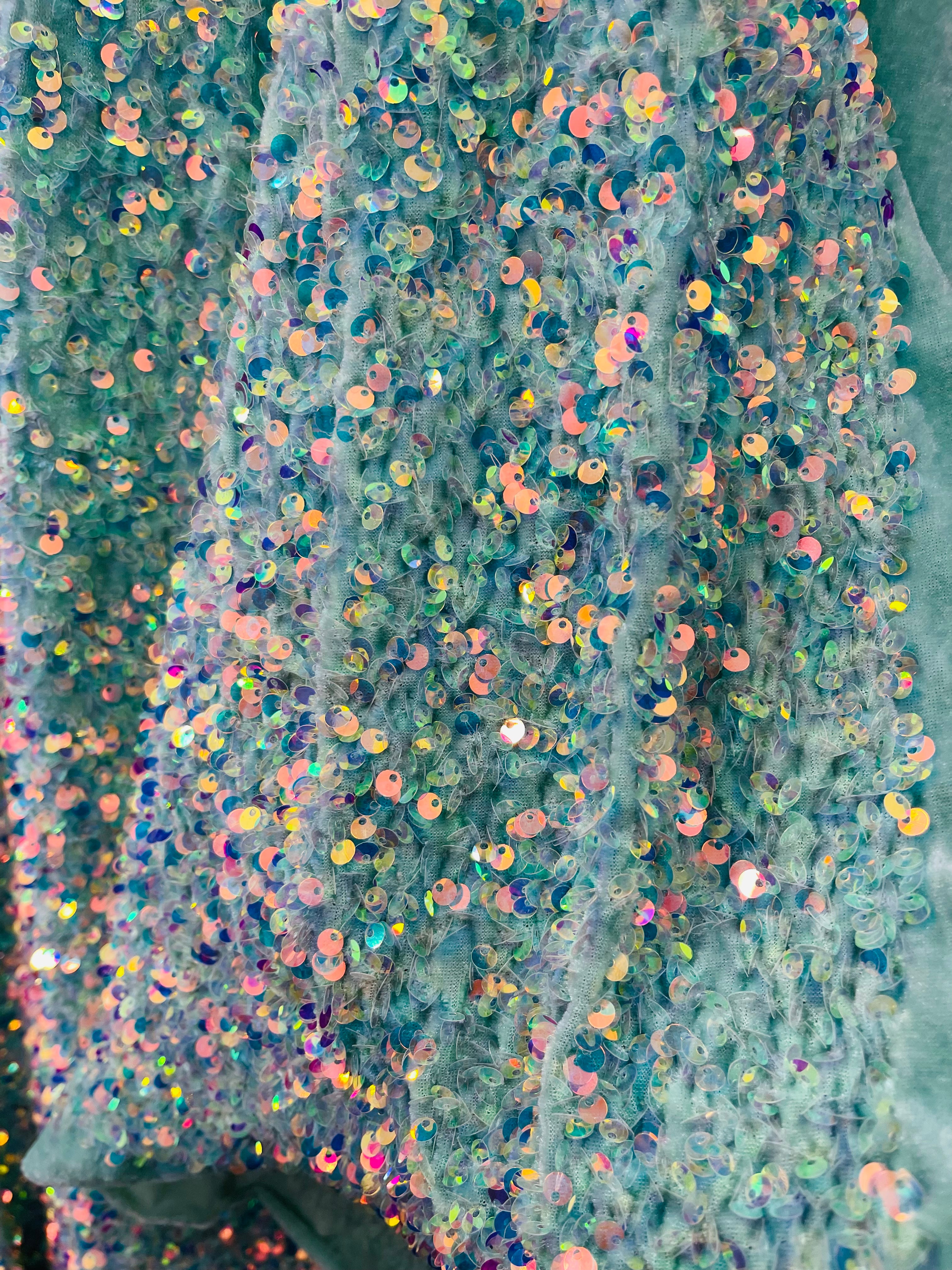 Sea Shell Sequins Velvet - Clear Iridescent on Mint - Velvet Sequins F
