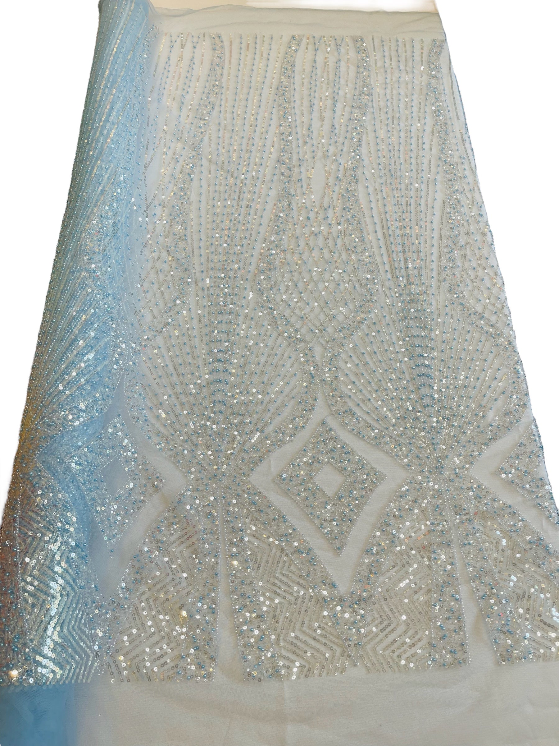 Zig Zag Lines Diamond Shape Fabric - Baby Blue - Embroidered Glamorous