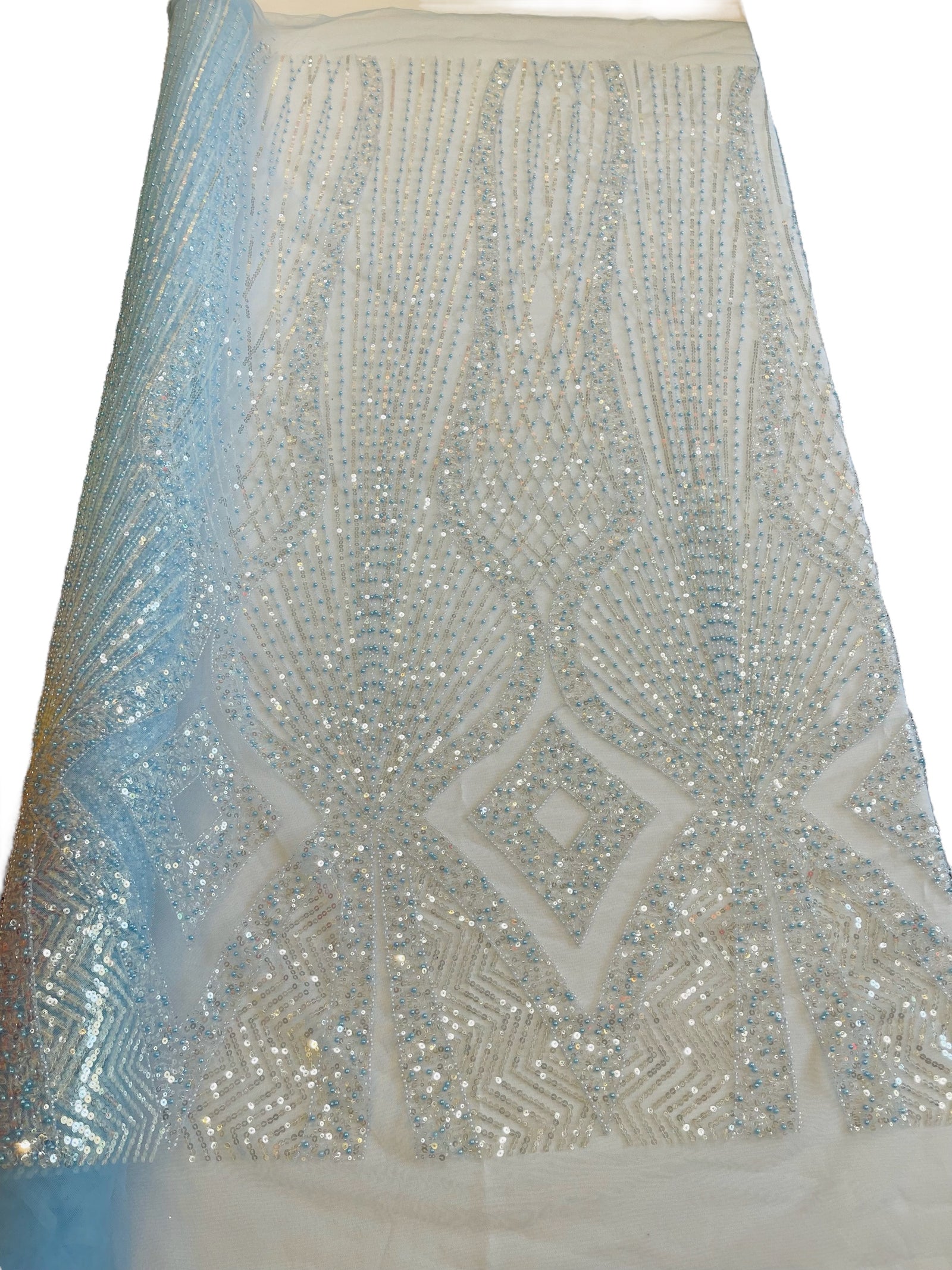 Zig Zag Lines Diamond Shape Fabric - Baby Blue - Embroidered Glamorous