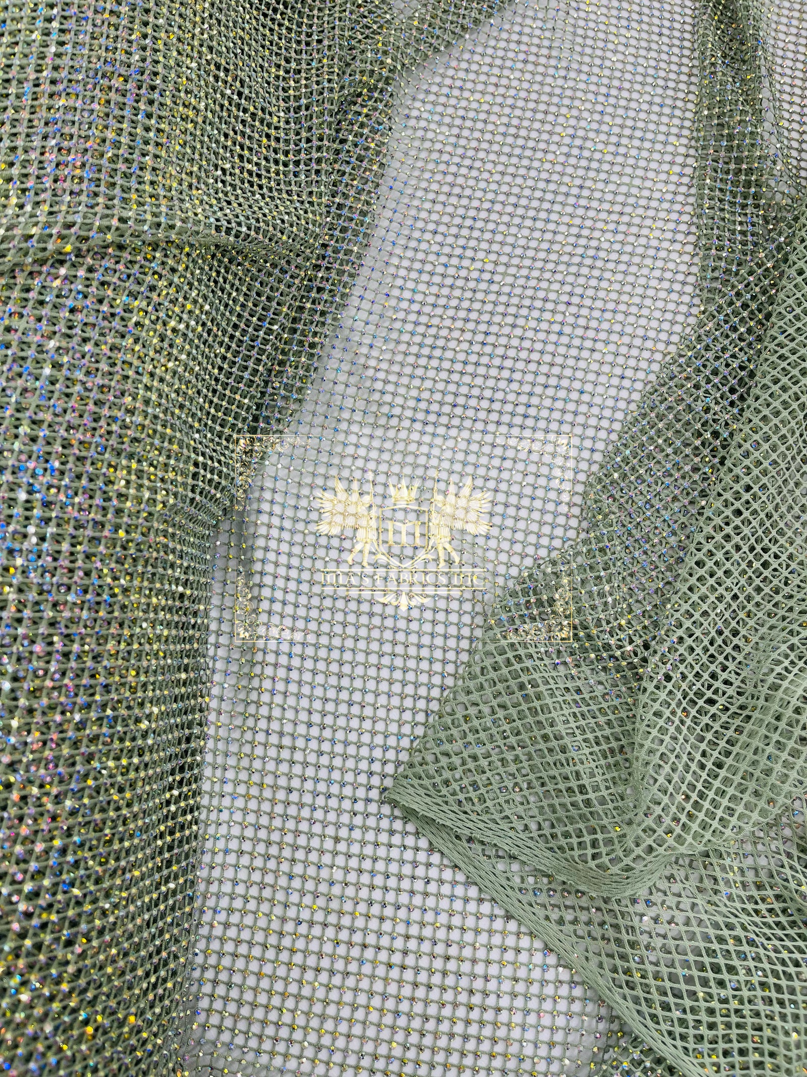 Fishnet Iridescent Rhinestones Fabric - Sage - Spandex Fabric Fish Net