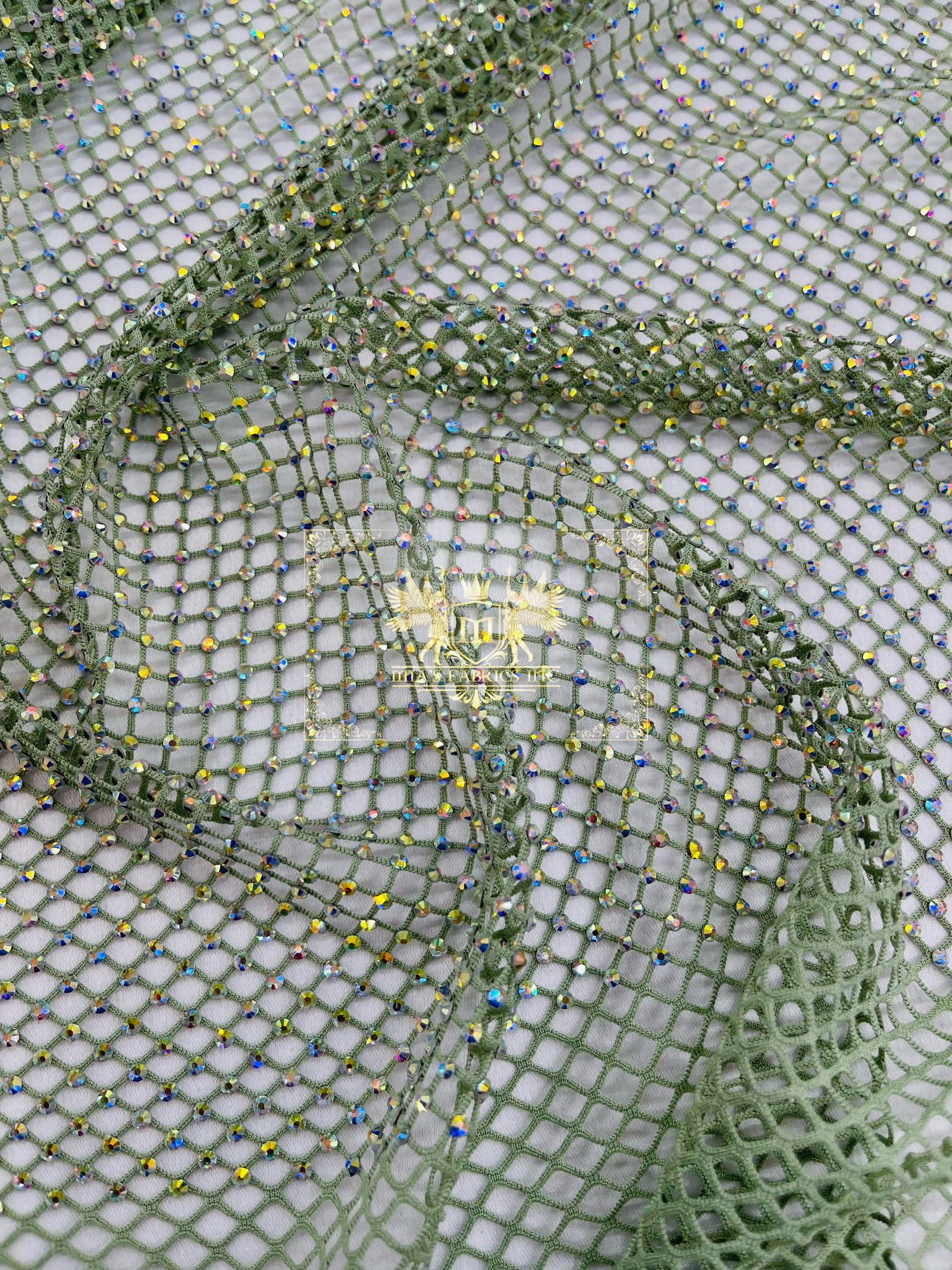 Fishnet Iridescent Rhinestones Fabric - Sage - Spandex Fabric Fish Net